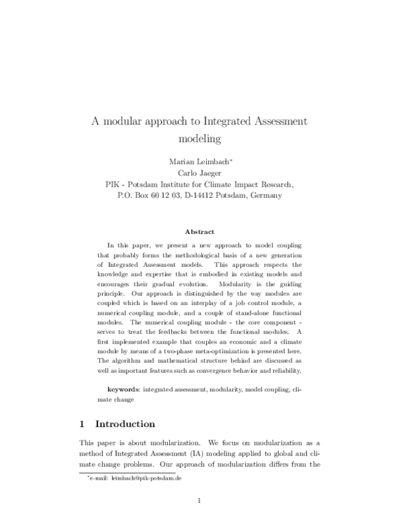 (PDF) A modular approach to Integrated Assessment modeling