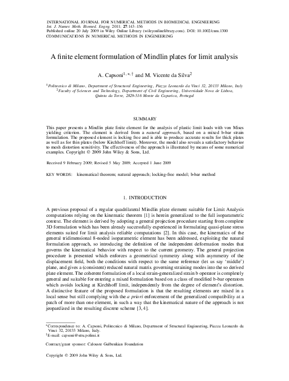 Pdf A Finite Element Formulation Of Mindlin Plates For Limit Analysis