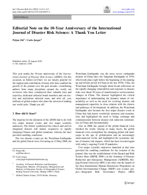 (PDF) Editorial Note on the 10-Year Anniversary of the International Journal of Disaster Risk ...