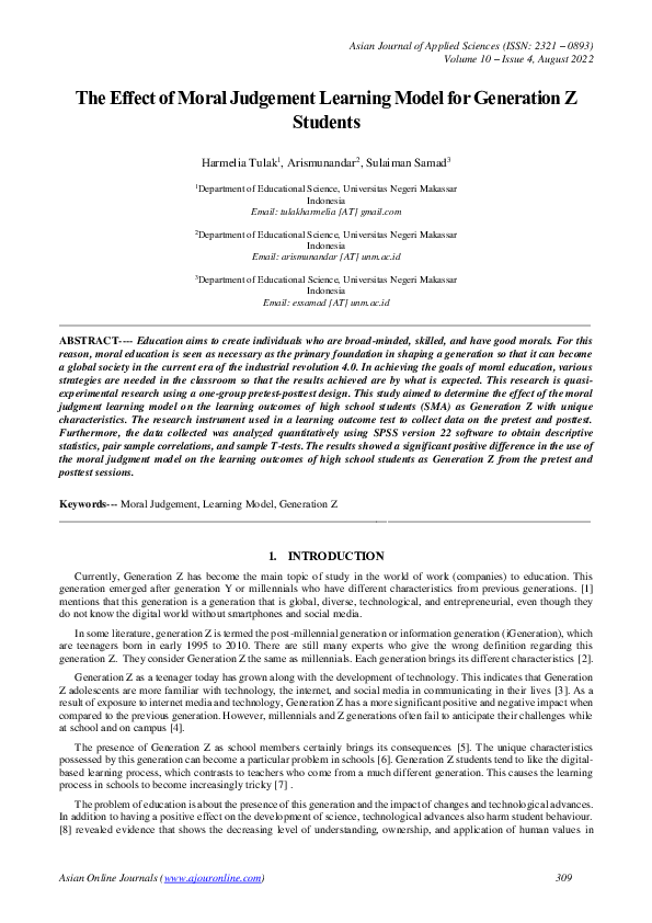 (PDF) The Effect of Moral Judgement Learning Model for Generation Z ...