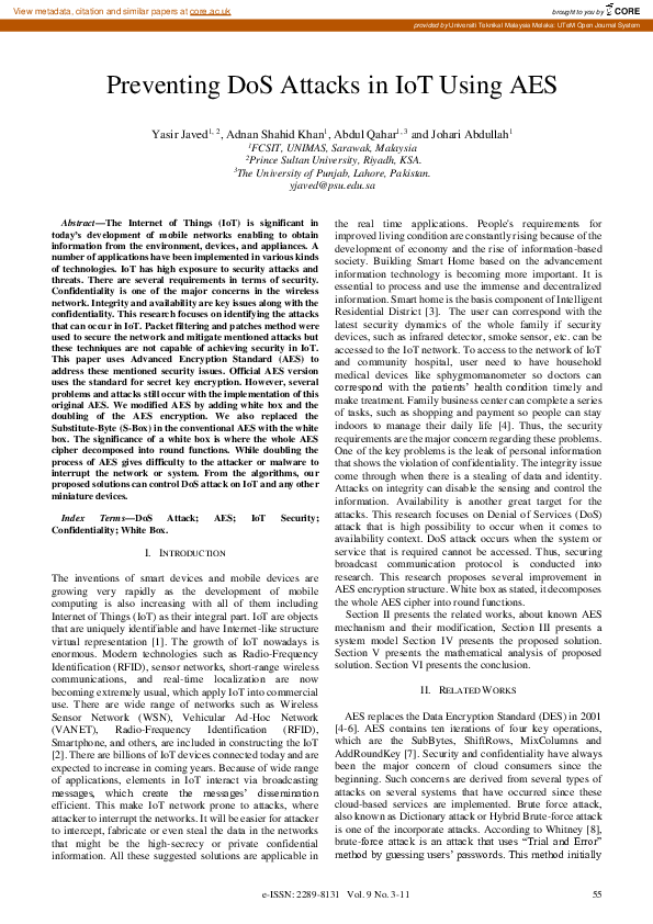 (PDF) Preventing DoS Attacks in IoT Using AES