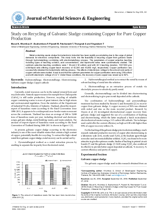 (PDF) Study on Recycling of Galvanic Sludge containing Copper for Pure ...