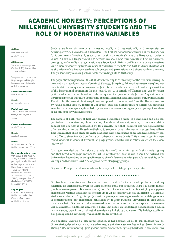 (PDF) Academic honesty: Perceptions of millennial university students and the role of moderating ...