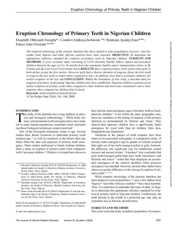 (PDF) Eruption Chronology of Primary Teeth in Nigerian Children