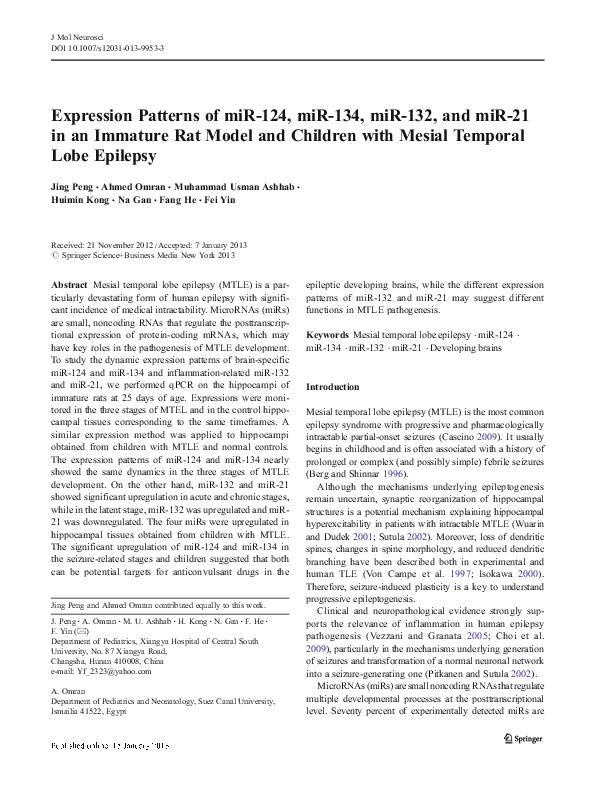 (PDF) Expression Patterns of miR-124, miR-134, miR-132, and miR-21 in ...