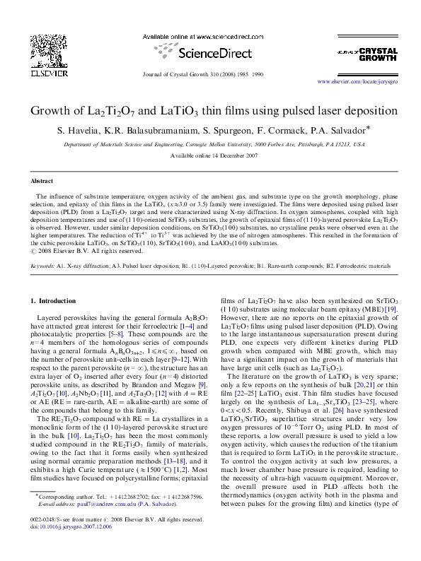 (PDF) Growth of La2Ti2O7 and LaTiO3 thin films using pulsed laser deposition