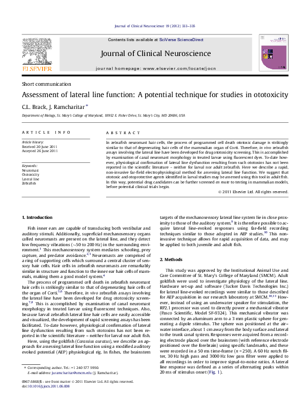 (PDF) Assessment of lateral line function: A potential technique for ...