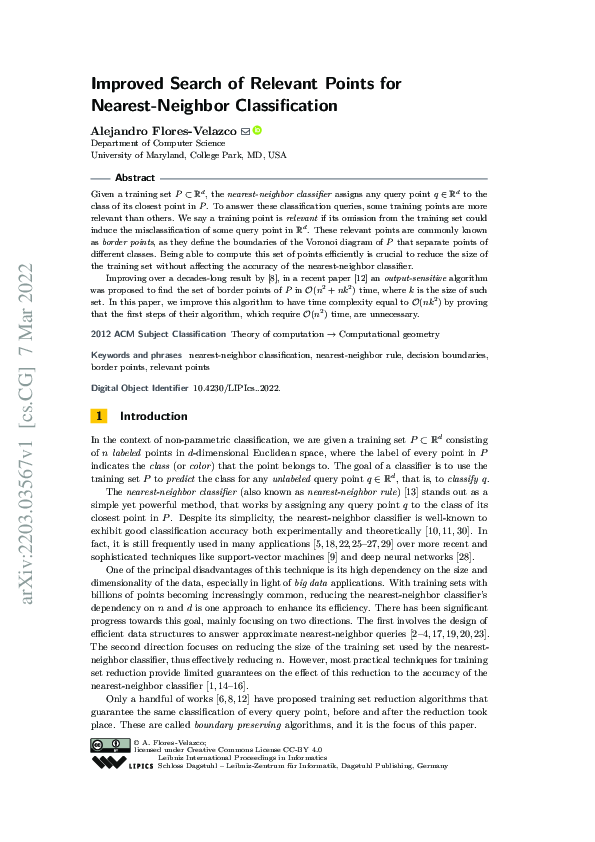 Pdf Improved Search Of Relevant Points For Nearest Neighbor Classification 
