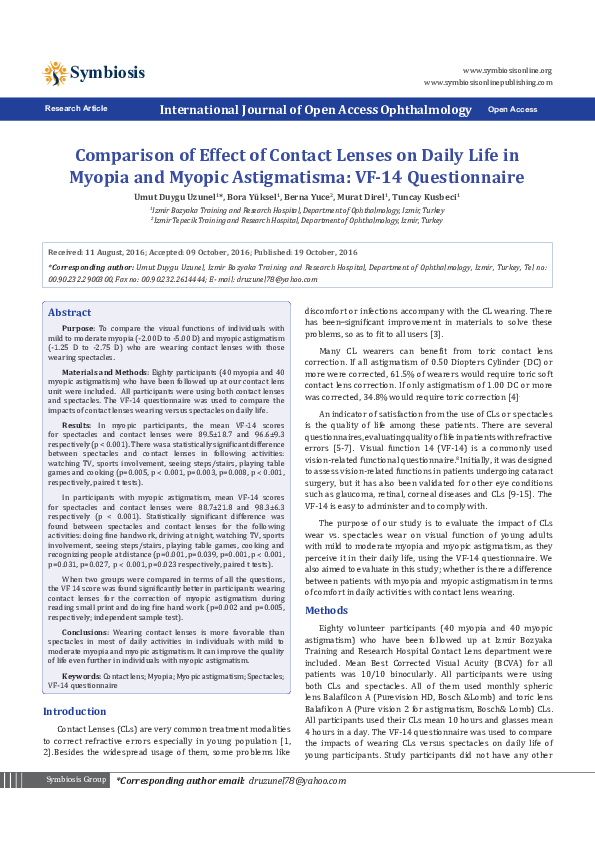 (PDF) Comparison of Effect of Contact Lenses on Daily Life in Myopia ...