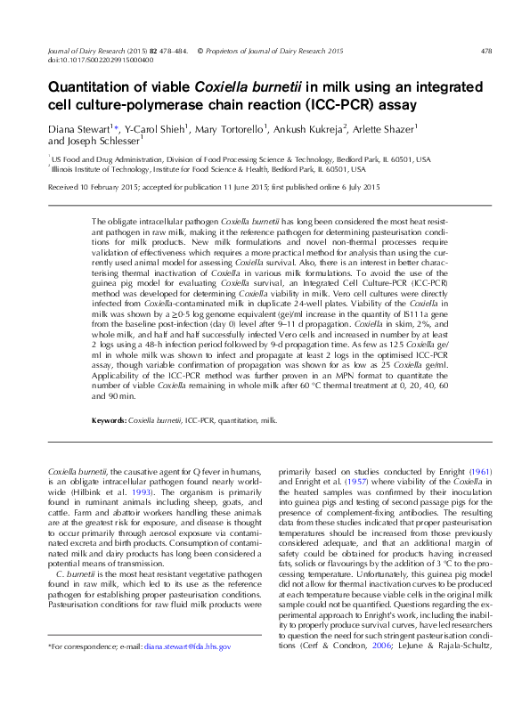(PDF) Quantitation of viable Coxiella burnetii in milk using an ...