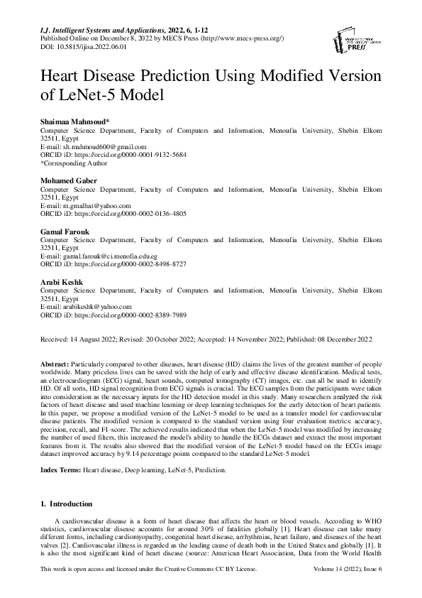 (PDF) Heart Disease Prediction Using Modified Version of LeNet-5 Model