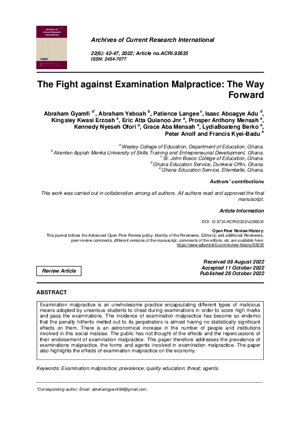 (PDF) The Fight against Examination Malpractice: The Way Forward