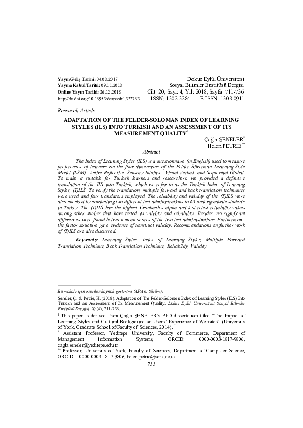 (PDF) Adaptation of the Felder-Soloman Index of Learning Styles ( Ils ) Into Turkish and an ...