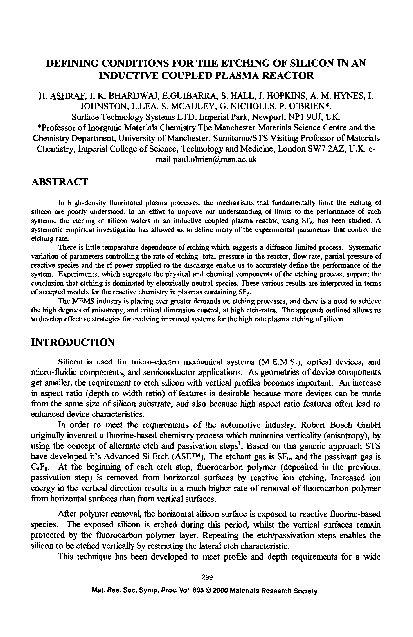 (PDF) Defining Conditions for the Etching of Silicon in an Inductive Coupled Plasma Reactor