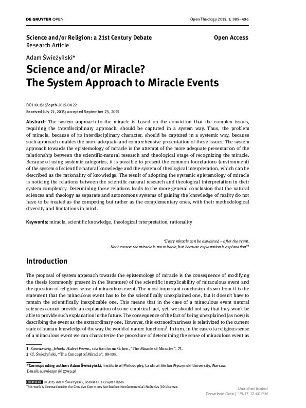 (PDF) Science and/or Miracle? The System Approach to Miracle Events