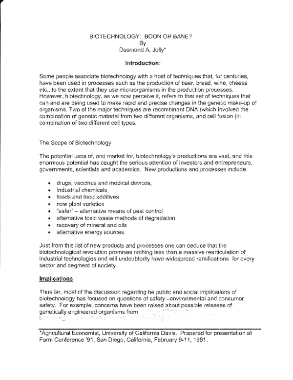 (PDF) BIOTECHNOLOGY: BOON OR BANE