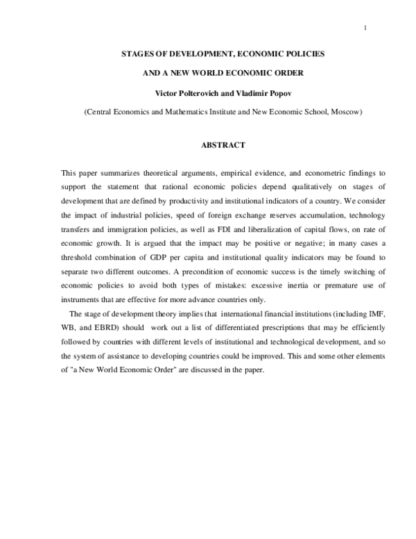 (PDF) Stages of Development, Economic Policies and a New World Economic ...