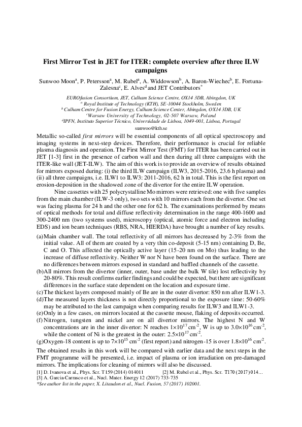 (PDF) First mirror test in JET for ITER: Complete overview after three ...