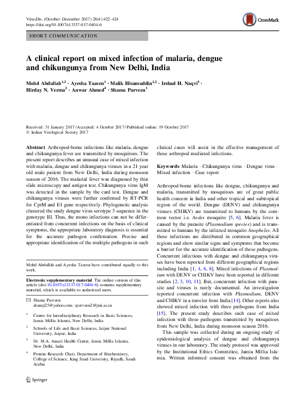 (PDF) A clinical report on mixed infection of malaria, dengue and ...
