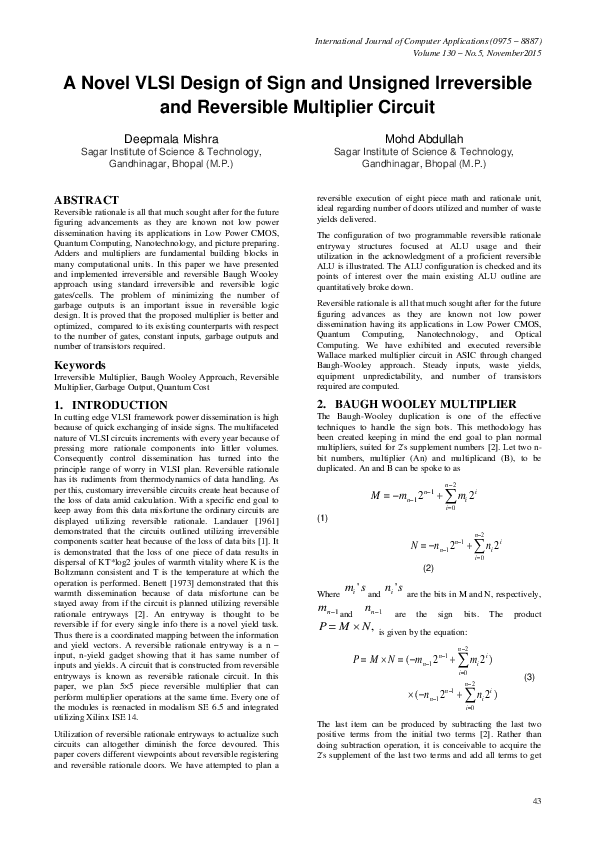 (PDF) A Novel VLSI Design of Sign and Unsigned Irreversible and Reversible Multiplier Circuit