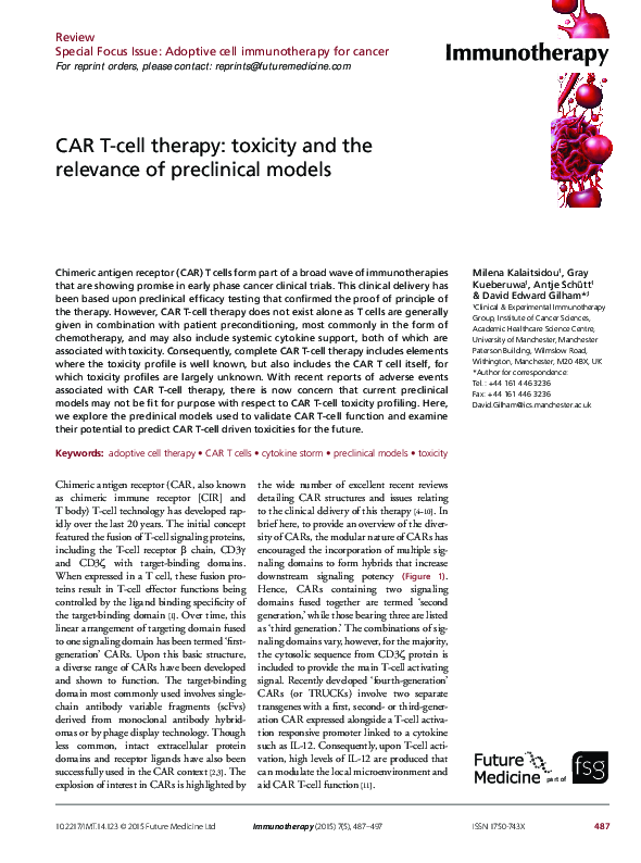 (PDF) CAR T-cell therapy: toxicity and the relevance of preclinical models