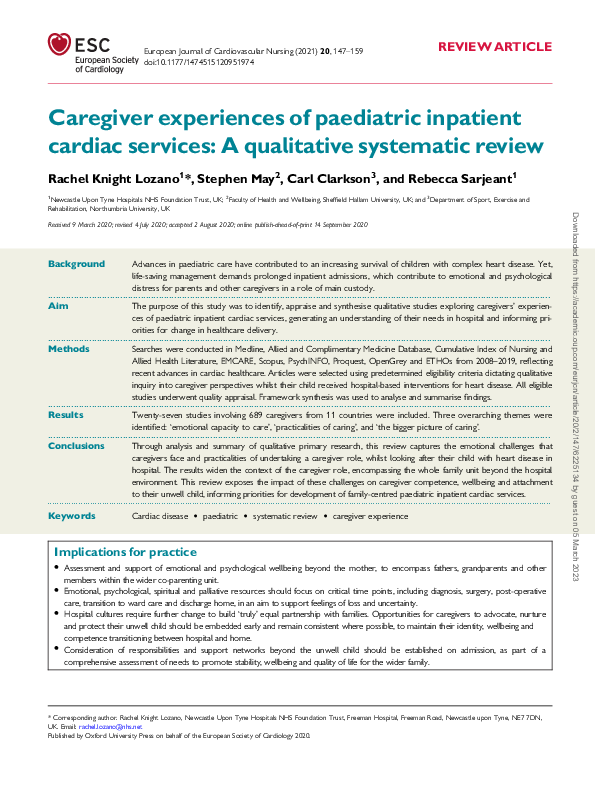 (PDF) Caregiver experiences of paediatric inpatient cardiac services: A ...