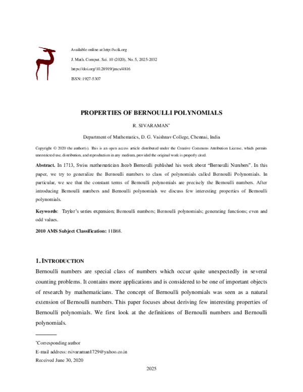 Pdf Properties Of Bernoulli Polynomials Sivaraman Ramaswamy