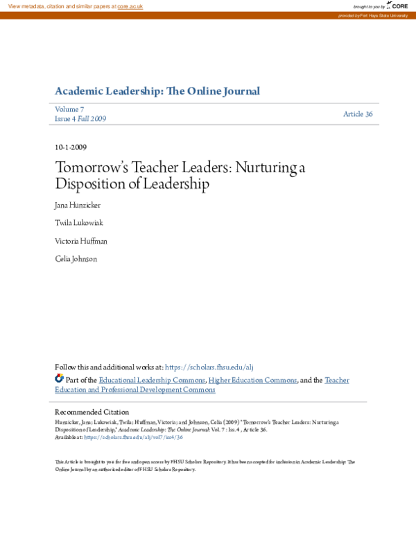 (PDF) Tomorrow’s Teacher Leaders: Nurturing a Disposition of Leadership