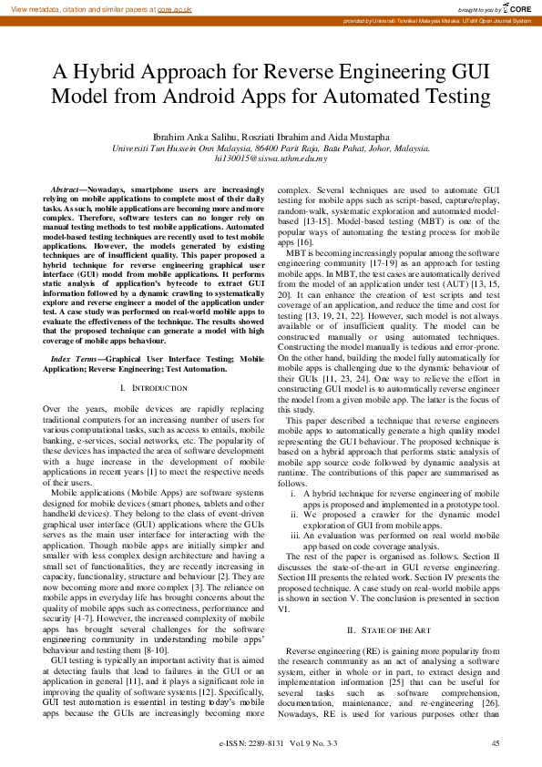 Pdf A Hybrid Approach For Reverse Engineering Gui Model From Android