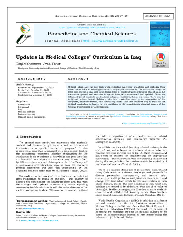 (PDF) 2023 Updates in Medical Colleges' Curriculum in Iraq