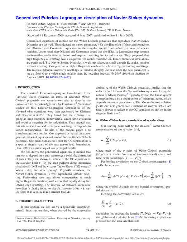 (PDF) Generalized Eulerian-Lagrangian description of Navier-Stokes dynamics