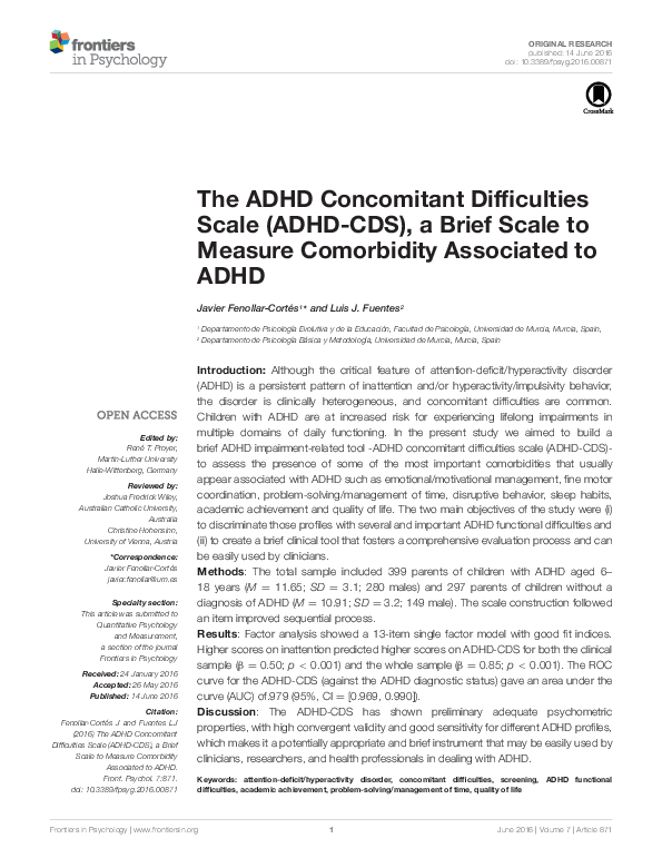 (PDF) The ADHD Concomitant Difficulties Scale (ADHD-CDS), a Brief Scale ...