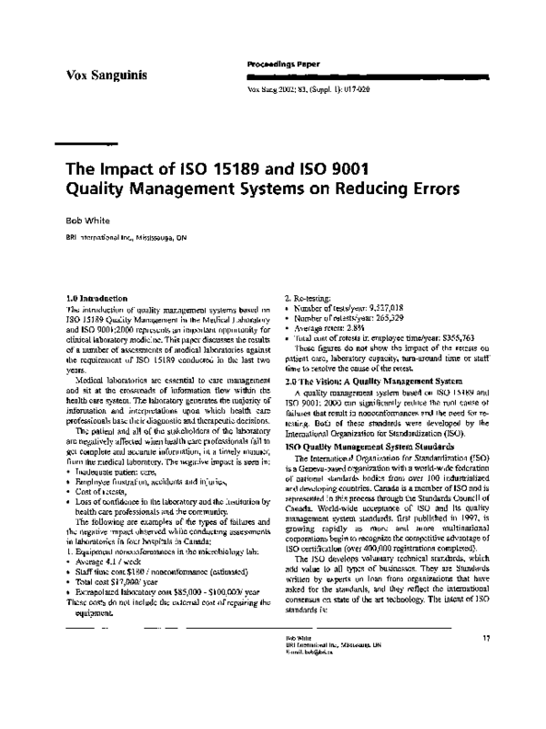 (PDF) The Impact of ISO 15189 and ISO 9001 Quality Management Systems ...
