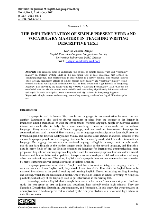 (PDF) The Implementation of Simple Present Verb and Vocabulary Mastery in Teaching Writing ...