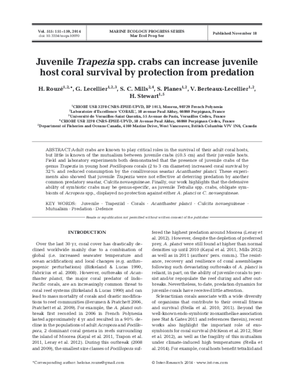 (PDF) Juvenile Trapezia spp. crabs can increase juvenile host coral ...