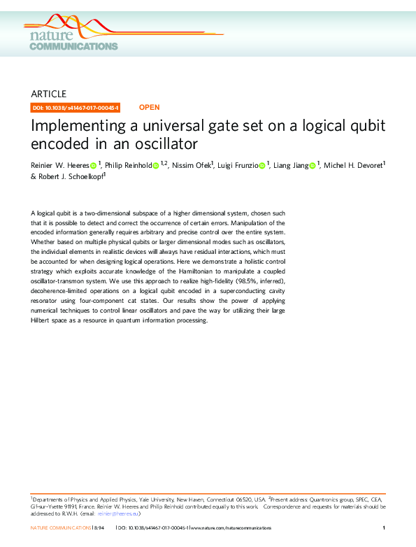 (PDF) Implementing a universal gate set on a logical qubit encoded in an oscillator | Michel ...
