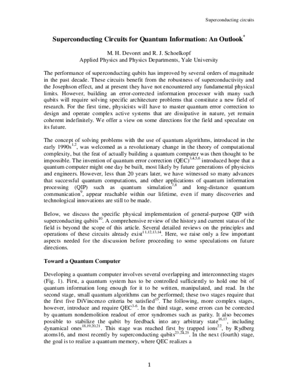 (PDF) Superconducting Circuits for Quantum Information: An Outlook