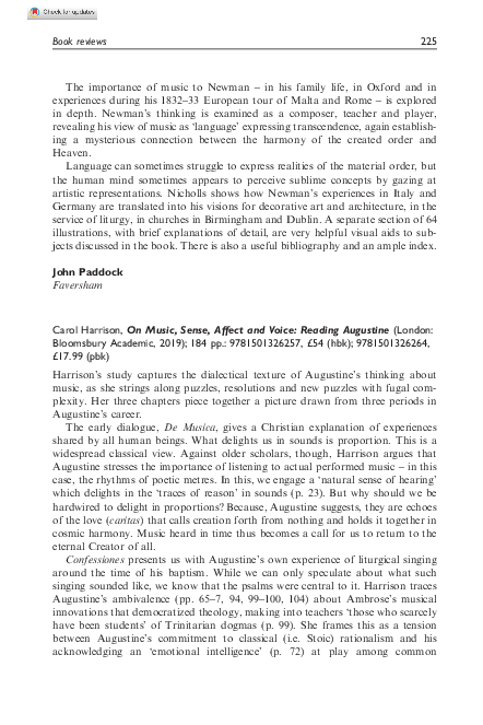 (PDF) Carol Harrison, On Music, Sense, Affect and Voice: Reading Augustine