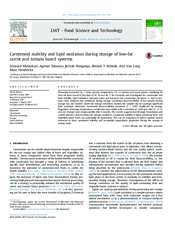 (PDF) Carotenoid stability and lipid oxidation during storage of low-fat carrot and tomato based ...