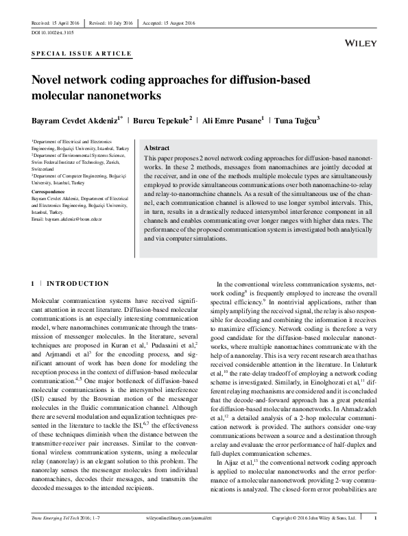 Pdf Novel Network Coding Approaches For Diffusion Based Molecular