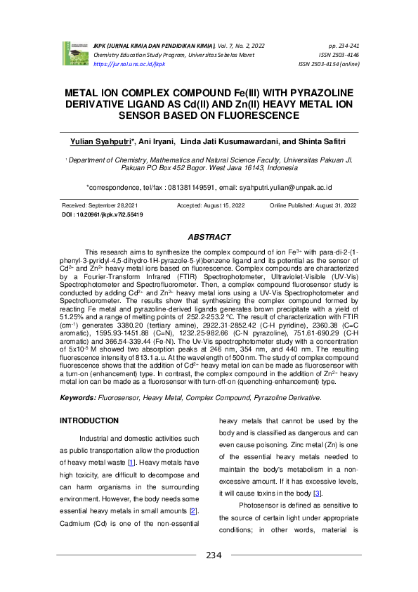 (PDF) Metal Ion Complex Compound Fe(III) with Pyrazoline Derivative Ligand as Cd(II) and Zn(II ...