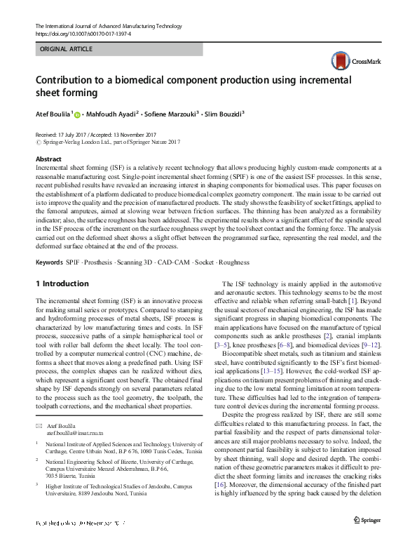 (PDF) Contribution to a biomedical component production using incremental sheet forming