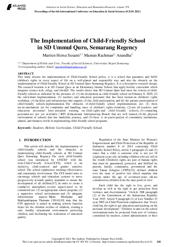 (PDF) The Implementation of Child-Friendly School in SD Ummul Quro, Semarang Regency