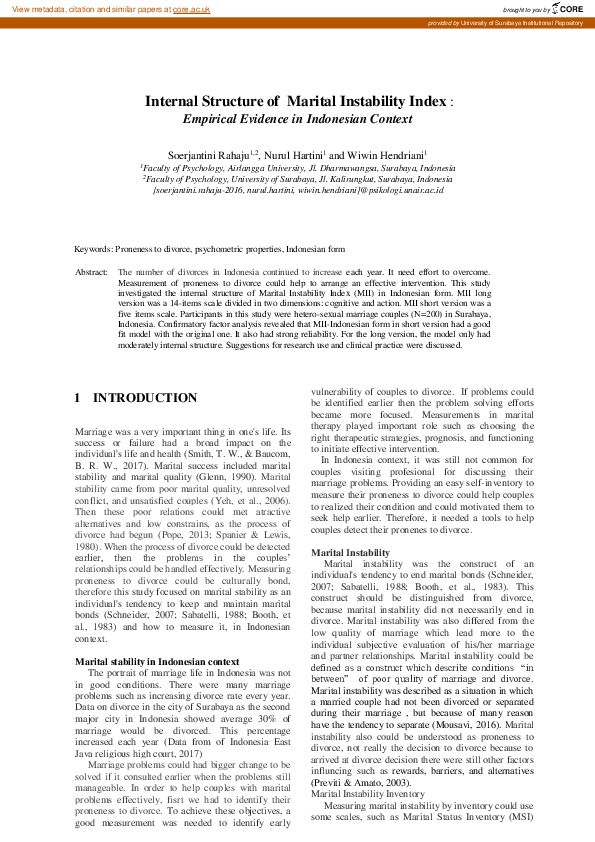 (PDF) Internal Structure of Marital Instability Index :Empirical ...