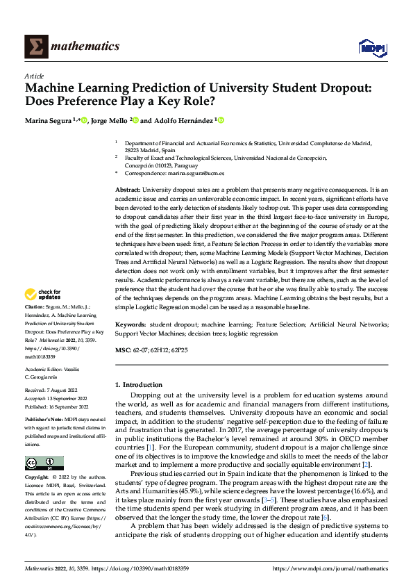 (PDF) Machine Learning Prediction of University Student Dropout: Does Preference Play a Key Role?