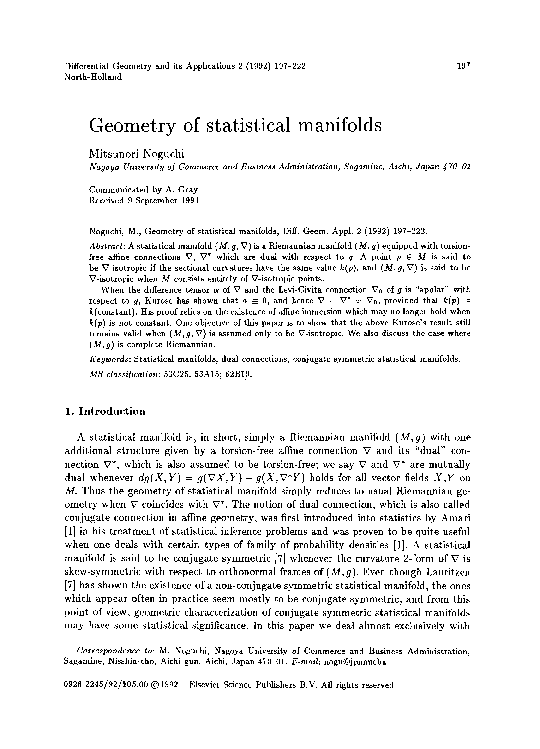 Pdf Geometry Of Statistical Manifolds