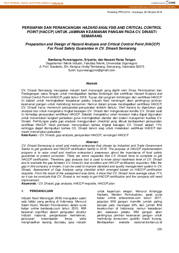 (PDF) Persiapan dan Perancangan Hazard Analysis and Critical Control Point (HACCP) untuk Jaminan ...