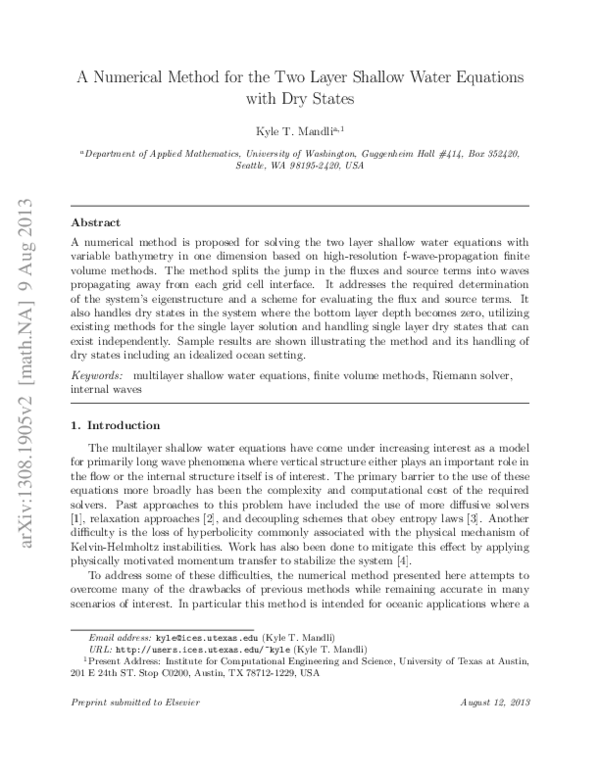 Pdf A Numerical Method For The Two Layer Shallow Water Equations With Dry States