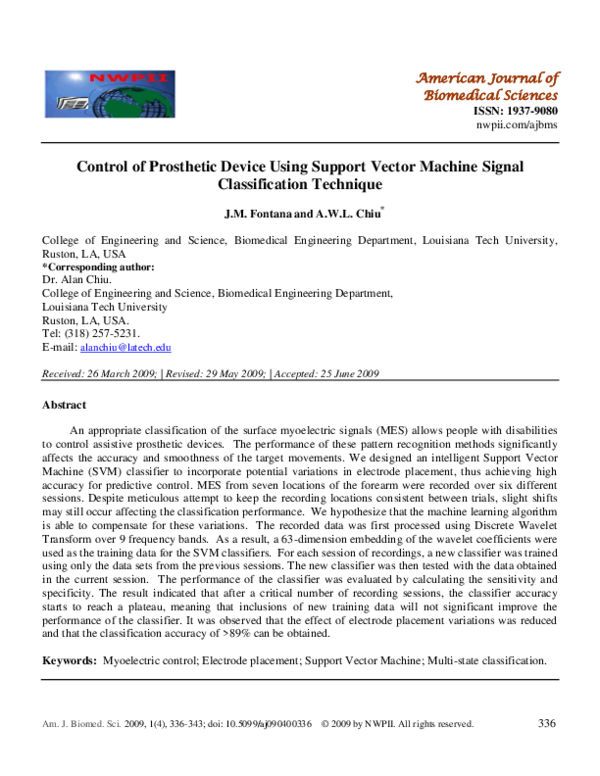 (PDF) Control of Prosthetic Device Using Support Vector Machine Signal Classification Technique