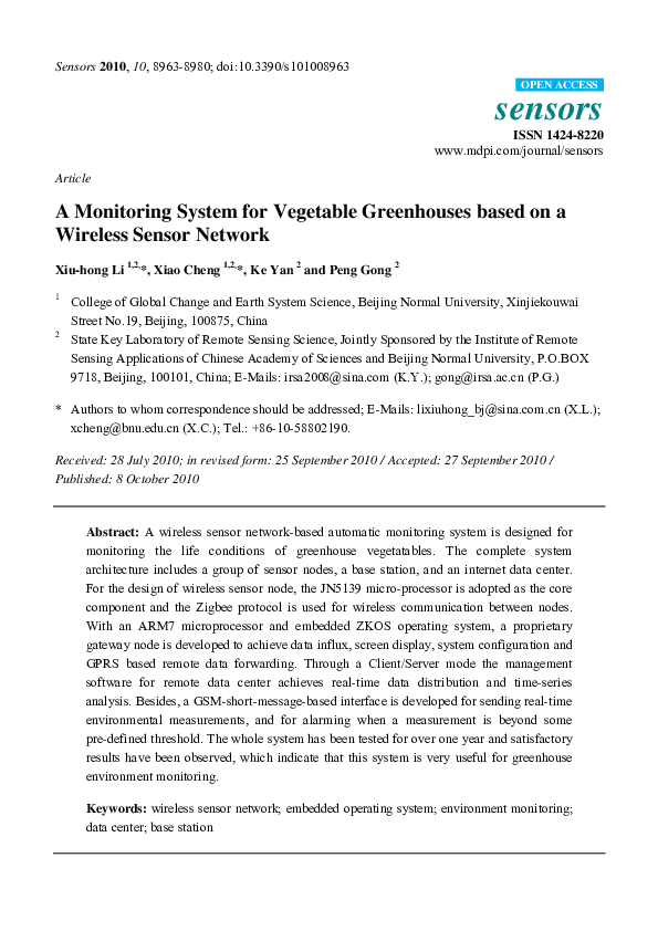 (PDF) A Monitoring System for Vegetable Greenhouses based on a Wireless Sensor Network